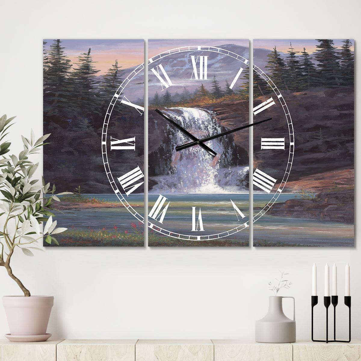Waterfall Mountain Afternoon - Large Traditional Wall Clock - 3 Panels ...