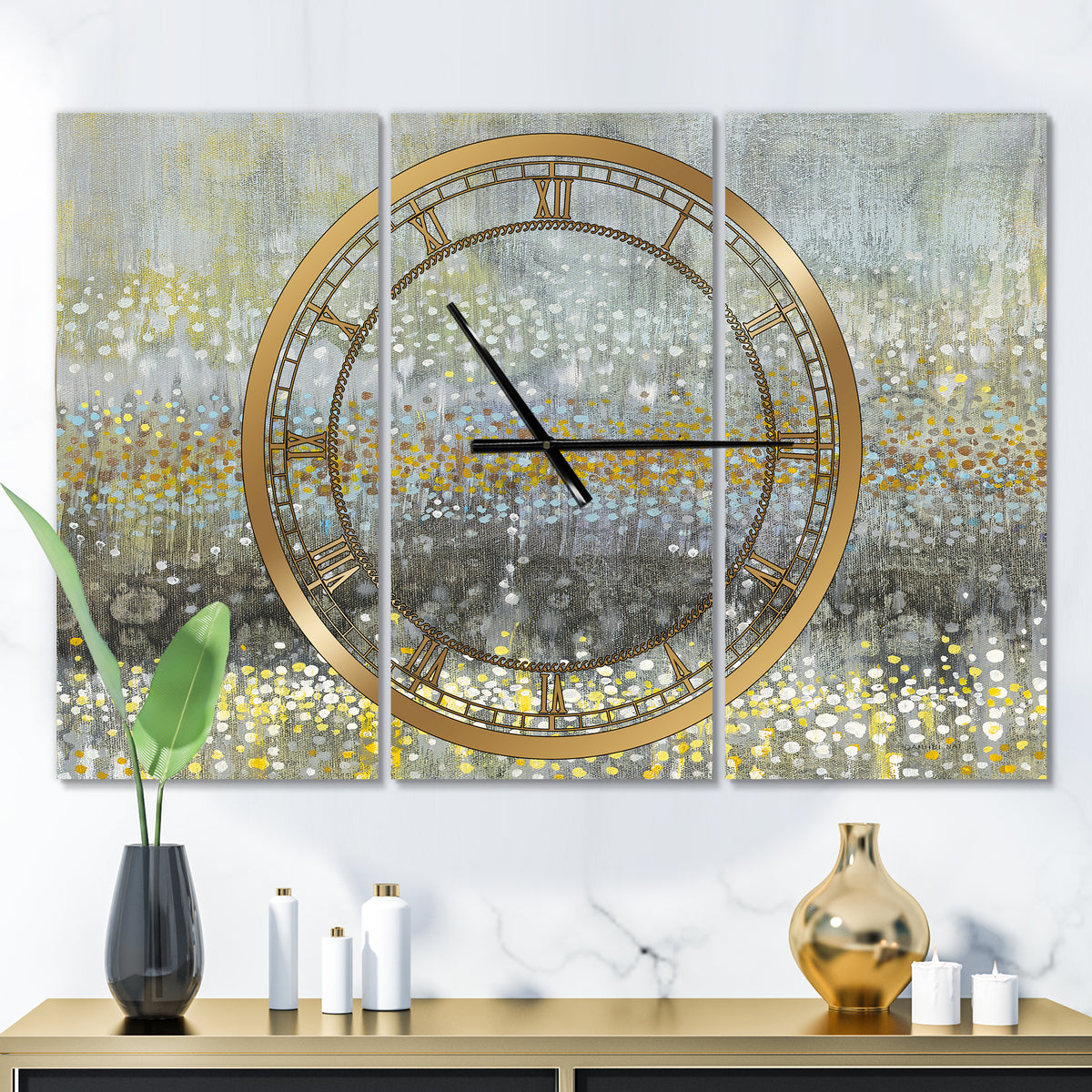 Glam Rain Abstract III - Glam 3 Panels Large Wall CLock – designq
